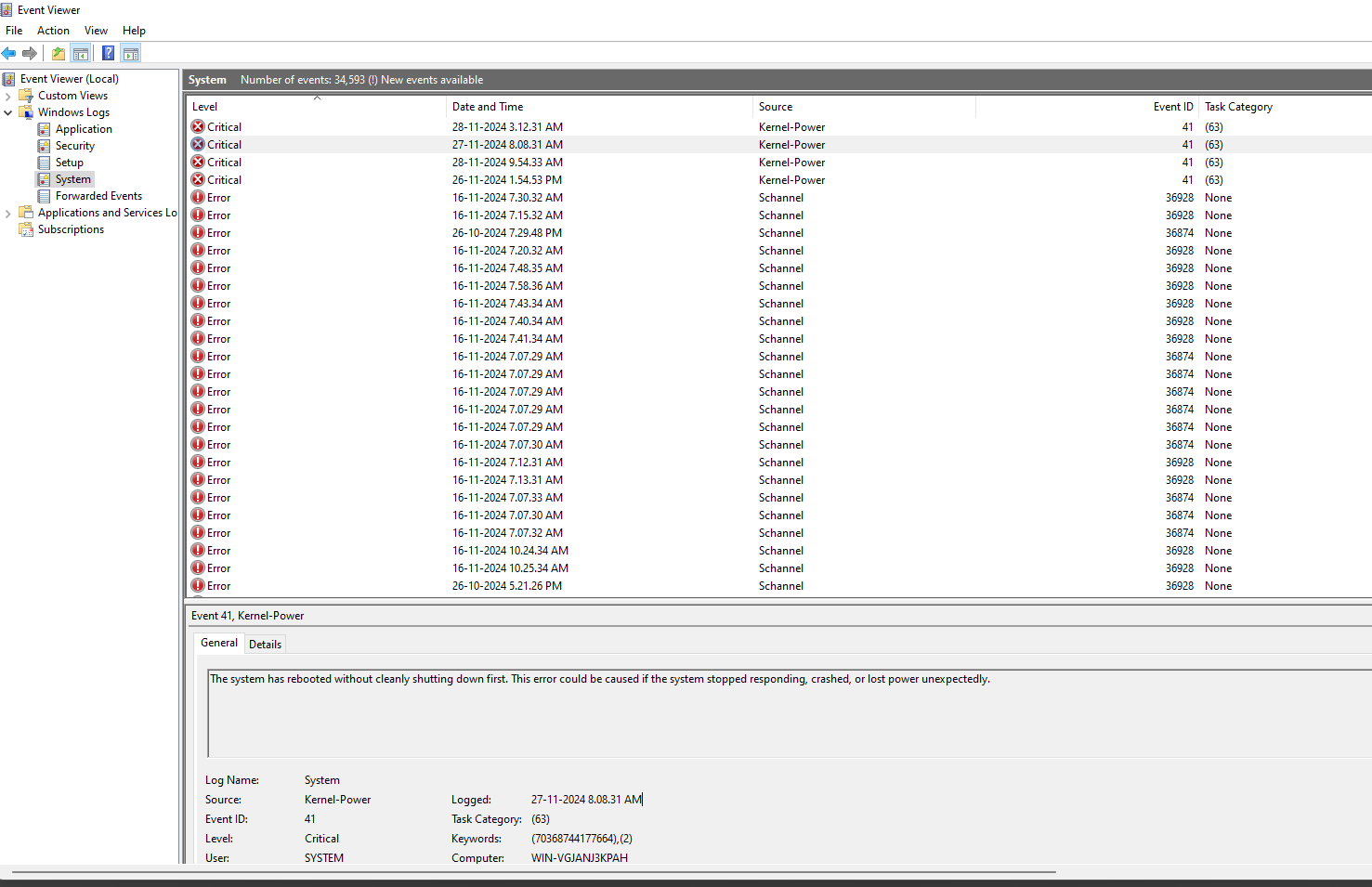 Troubleshooting Kernel 41 Error from Windows Event Log